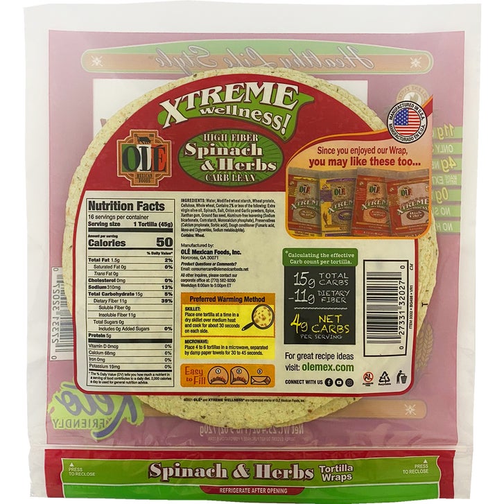 Olé Mexican Foods Xtreme Wellness Spinach & Herbs Tortilla Wraps, 16 ct ...